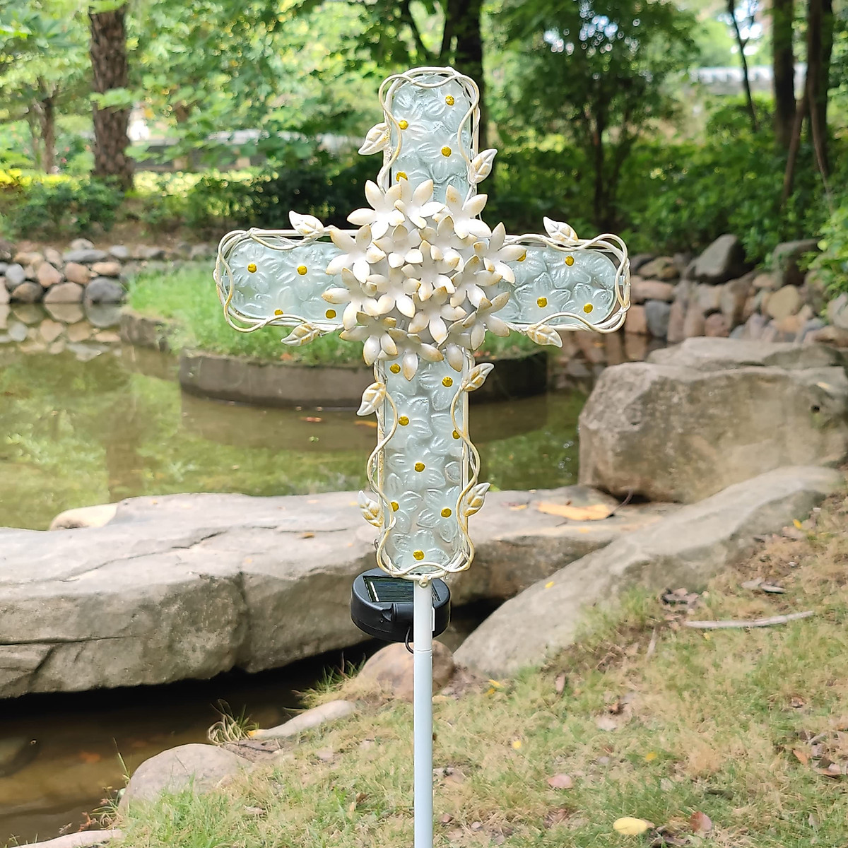 COOZZYHOUR 38Inch Cross Solar Garden Lights Outdoor Decorative - Solar Metal&Glass Cross White Hydrangea Flower Stake Lights- Waterproof 20 Warm White LED for Remembrance Gifts & Sympathy Gifts.