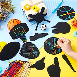 Qilery 70 Pcs Sports Scratch off Papers Scratch Paper Sets with 35 Pcs Wooden Stylus, Sports Ball Rainbow Paper Scratch Pad for Kids, DIY Arts and Crafts Supplies for Football Party Project Decoration