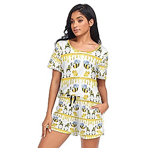 Yellow Flying Bee Dressed up Gnome Honeycomb on White Women's Pajamas 2 Piece Set, Crew Neck Soft Polyester Short Sleeve Nightwear, Lounge Comfy Sleepwear with Pockets for Women (XL)