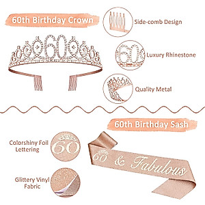 60th Birthday Decorations for Women,90 PCS Rose Gold 60th and Fabulous Birthday Decorations,Including Happy 60th Birthday Banner Backdrop,Crown,Hanging Swirl, birthday Balloons, Foil Backdrops,Cake Toppers, Plates, Photo Props, Birthday Sash,60th Birthday