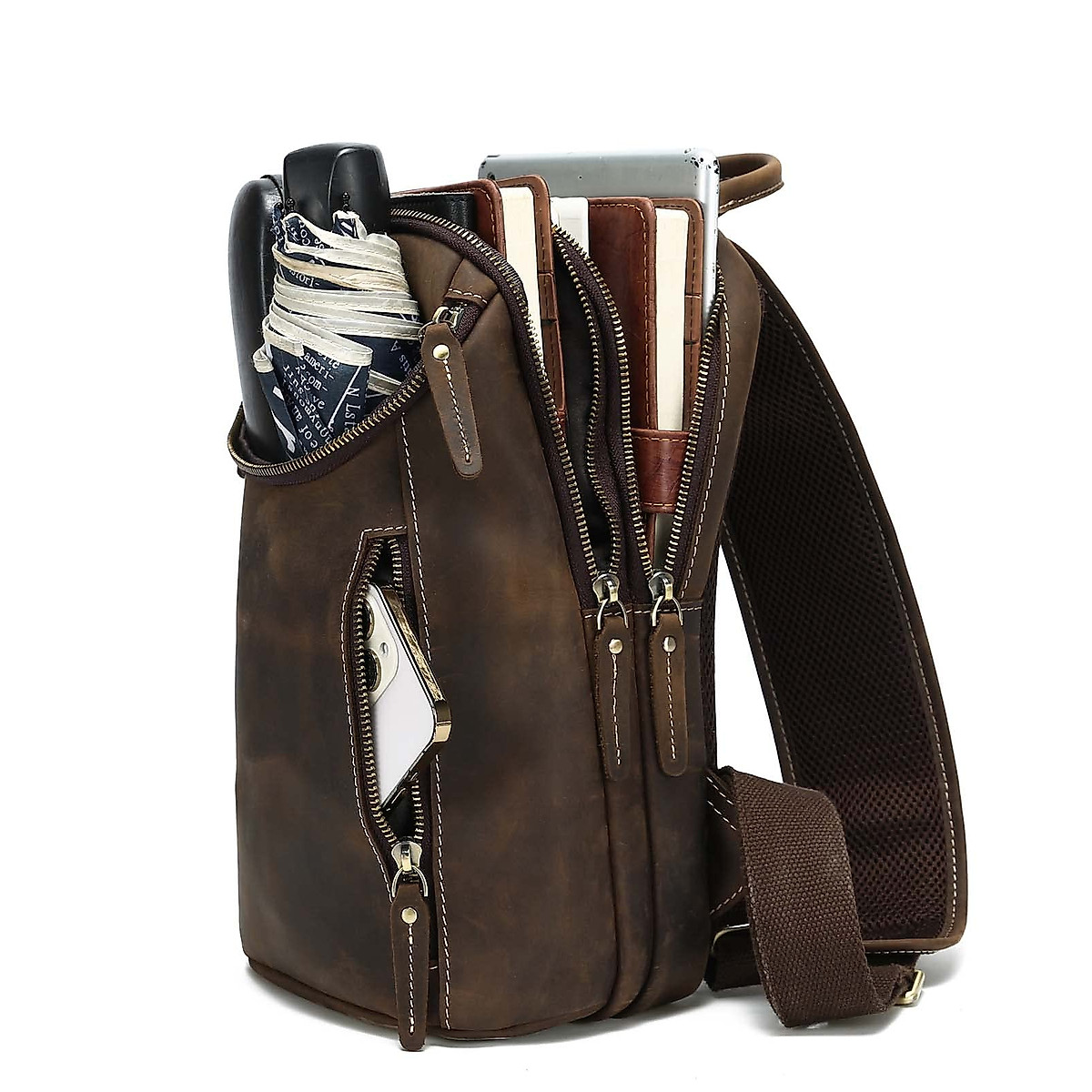 Taertii Small Leather Sling Bag, One Strap Shoulder Crossbody Chest Backpack Daypack for Hiking Travel - Brown (8"x13")