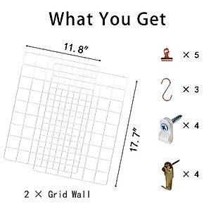 FRIADE Wall Grid Panel for Photo Display,Wall Storage Organizer,5 Metal Clips & 3 S Hooks & 4 Nails & 4 Plastic Hanging Buckles and 4 Screws Offered,Size 17.5" x 11.8",Set of 2 (White)