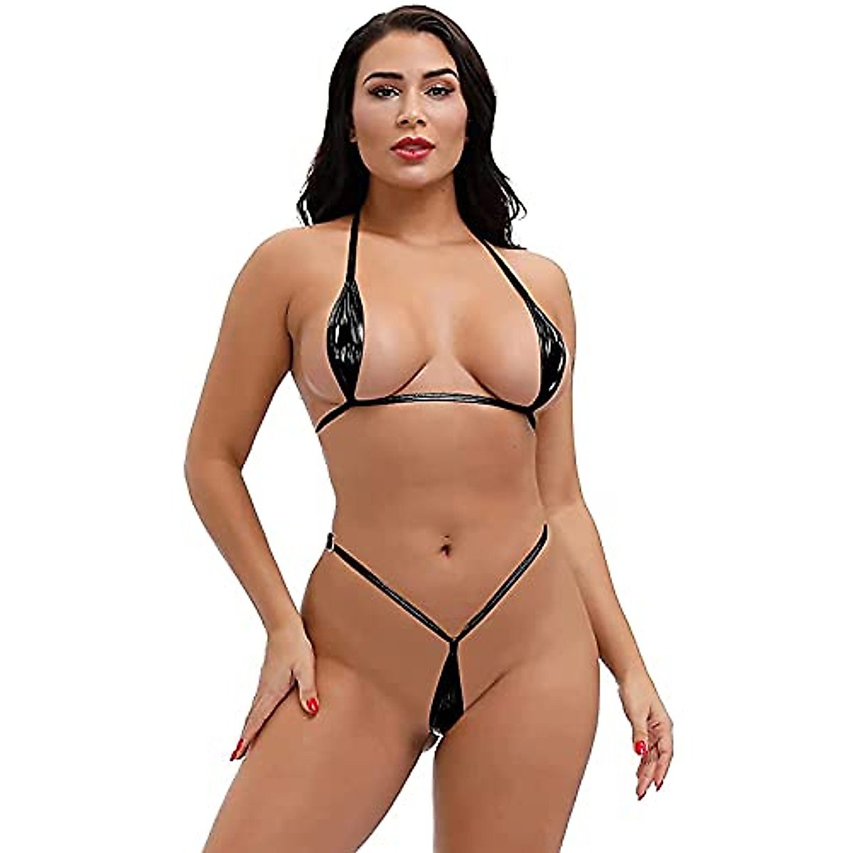 EVAbaby Sexy Women Halter Neck Bra Top Thong Summer Swimwear Mini Micro Bikini Set Black