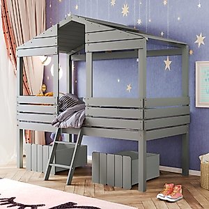 Harper & Bright Designs Low Loft House Bed with Storage, Wood Twin Size Loft Bed Frame with Two Drawers, Ladder, Roof, Windows for Kids Teens, Girls, Boys, No Box Spring Needed (Grey)
