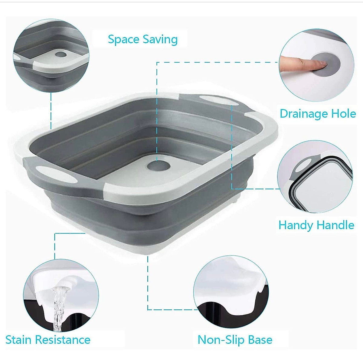 New collapsible folding colander with chopping board, vegetable washing basket silicone dish tub for BBQ Prep/Picnic/camping (grey)