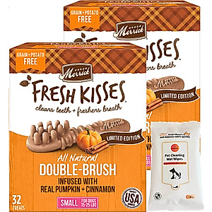 Aurora Pet Bundle Pack (2) Merrick Fresh Kisses Real Pumpkin & Cinnamon Flavor Small Breed Dog Dental Treats Grooming Wipes