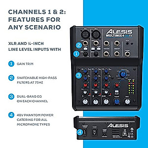 Alesis MultiMix 4 USB FX | 4 Channel Compact Studio Mixer with Built In Effects & USB Audio Interface for Home Studio Recording