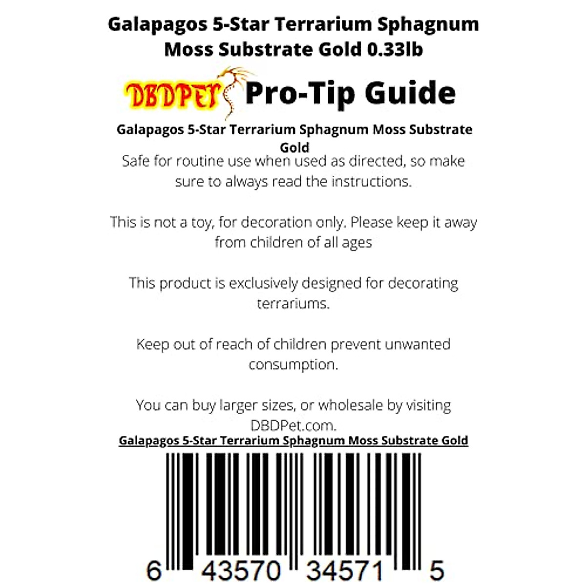 DBDPet Galapagos 5-Star Terrarium Sphagnum Moss Substrate Gold 0.33lb - Includes Attached Pro-Tip Guide