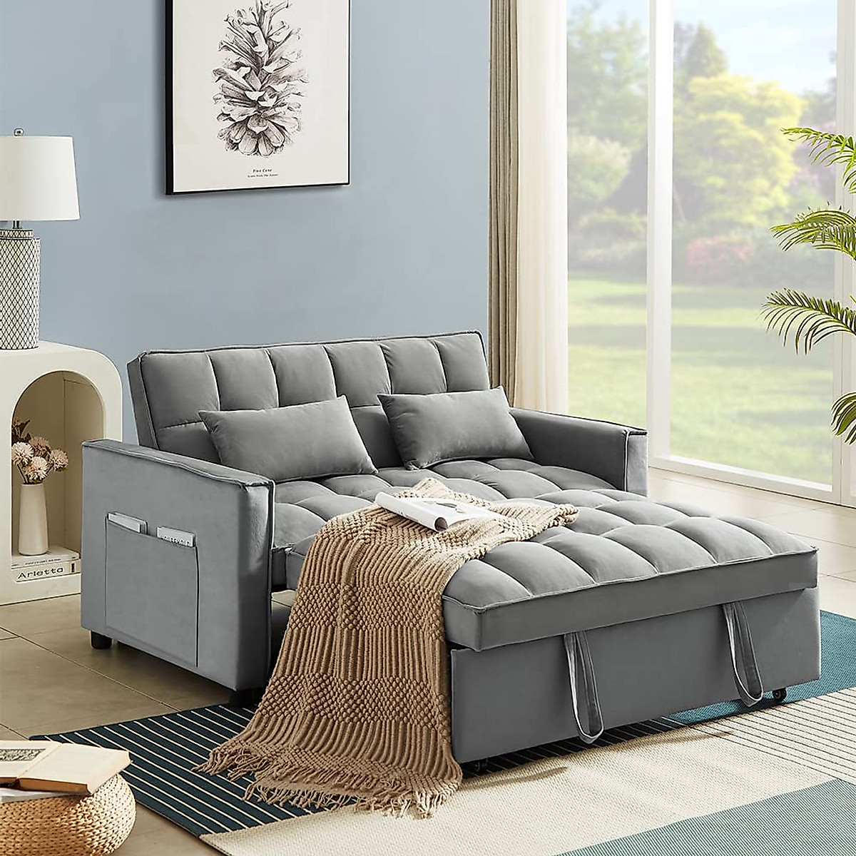 HABITRIO Modern 55.2" Pull Out Sleep Sofa Bed 2 Seater Loveseats Sofa Couch with Adjsutable Backrest and Lumbar Pillows for Apartment Office Living Room