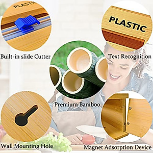 Tuipm Wrap Dispenser with Cutter, Plastic Wrap, Aluminum Foil and Wax Paper Dispenser for Kitchen Drawer, Bamboo Roll Organizer Holder, 3 in 1 Wrap Dispenser Compatible with 12" Roll