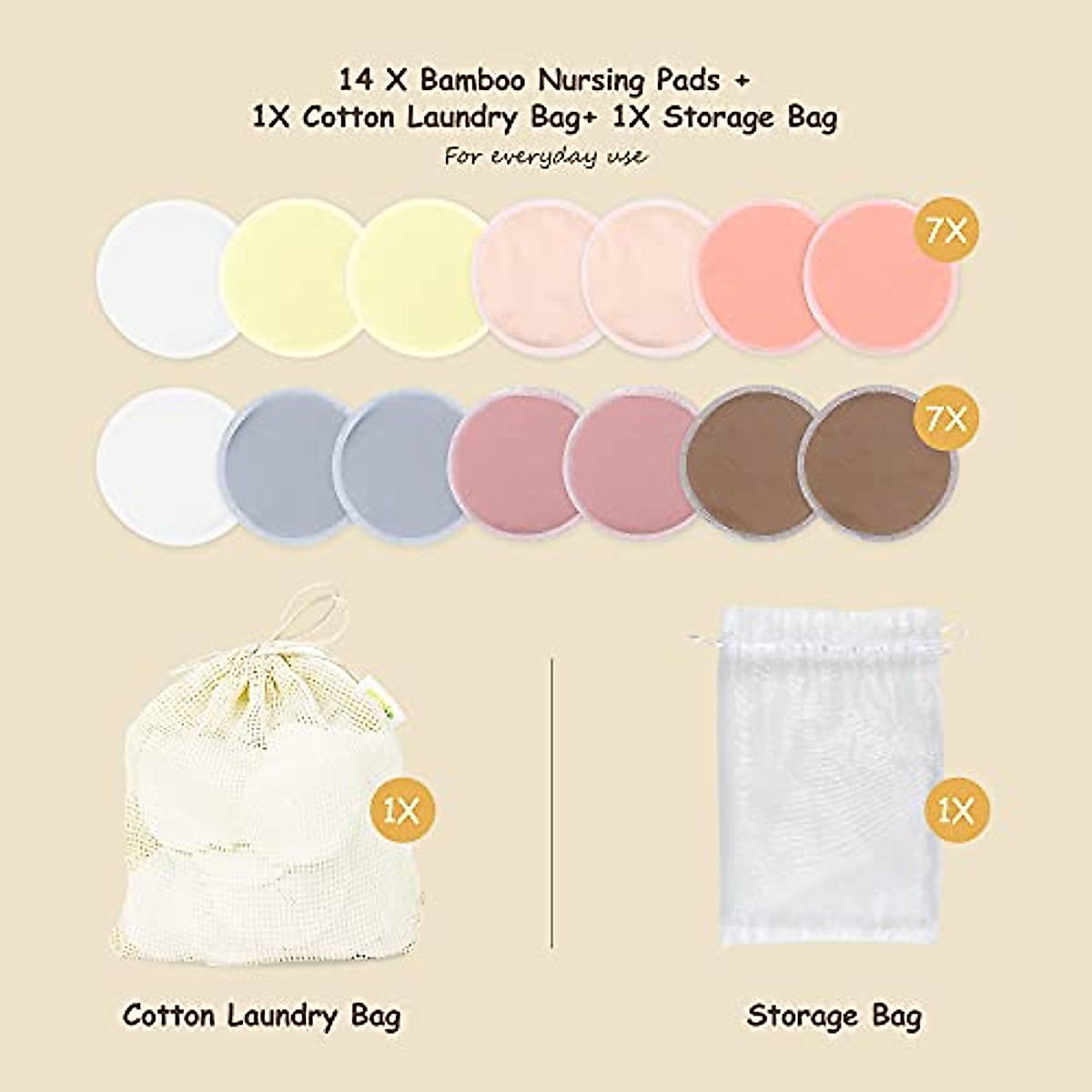 Langsprit Leak-Proof Reusable Bamboo Nursing Pads(14 Pack),Super Absorbent Washable Breast Pads with Laundry Bag (Morandi, Round)