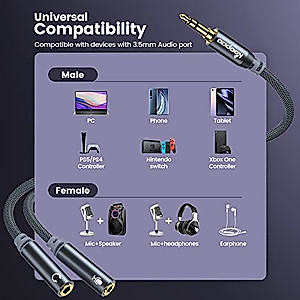 KOOPAO Headphone Splitter, Dual Port 3.5mm Audio Splitter AUX Cable Nylon-Braided 3.5mm Male to 2 Female Y Splitter Cable Dual Headphone Jack Splitter for 3.5mm Standard Headphone Jack