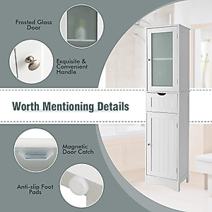 Tangkula 67" Tall Bathroom Storage Cabinet, Slim Freestanding Tower w/ 2 Doors & 1 Drawer, Narrow Floor Cabinet w/Adjustable Shelves & Tempered Glass Door for Bathroom Living Room (White)