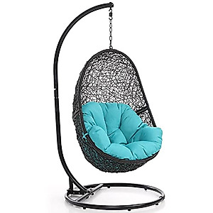 Zuri Furniture Modern Reef Black Basket Swing Chair Teal Cushion with Stand