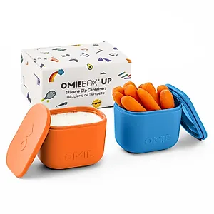 OmieBox UP (2 pack) Leakproof Dips Containers To Go, Salad Dressing Container, Condiment Container with Lids - Food Safe Silicone - 4.5 ounces (Blue/Orange)