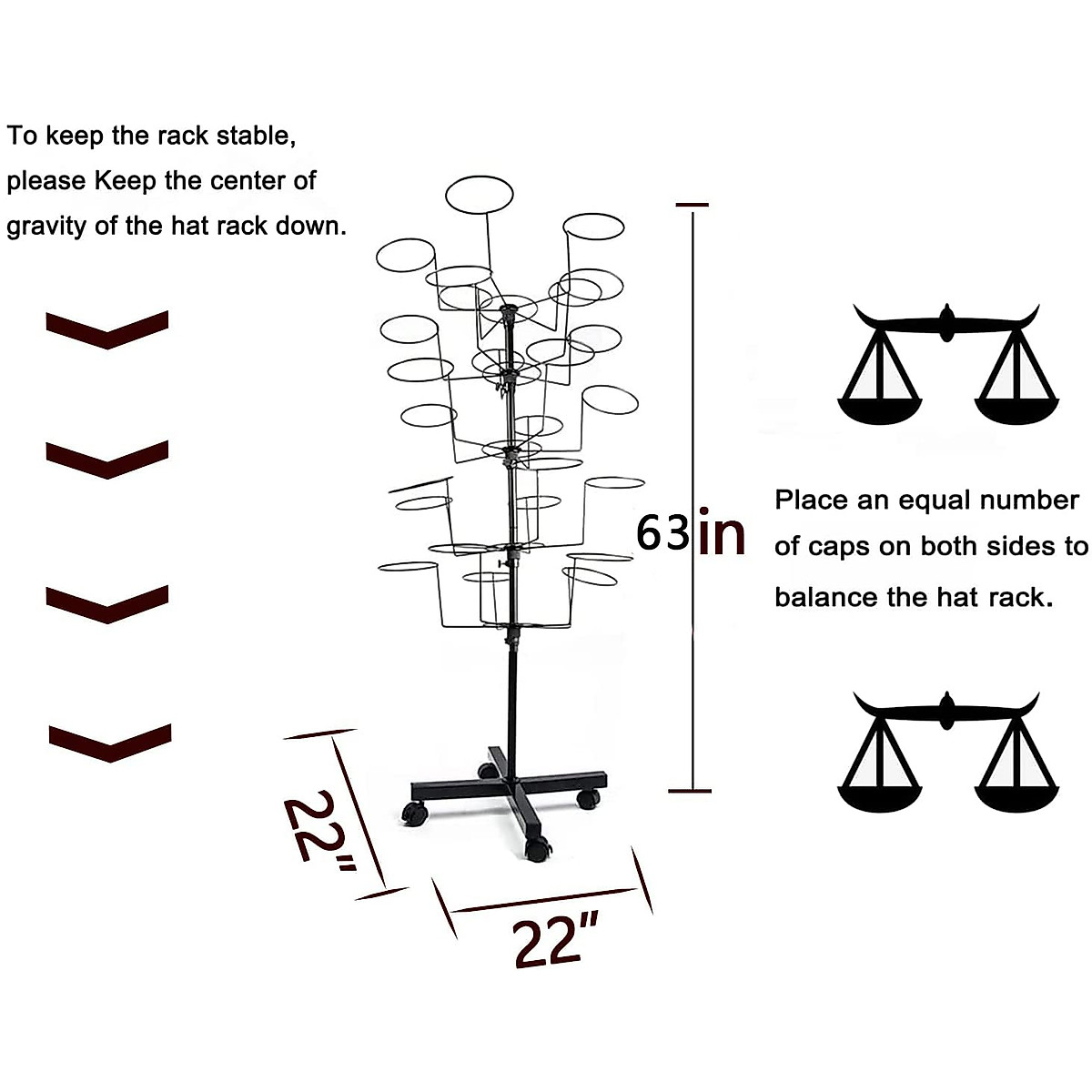 uyoyous Modern Hat Rack Display, Freestanding Metal Hat Organizer Rack, 5-Tier Wig Display Stand with 25 Circular Hooks, Metal Floor Rack for Hats and Wigs