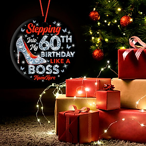 Personalized 60th Birthday Ornament Glittered High Heel Round Ceramic Ornament 3 Inch Keepsake for Birthday Christmas Tree Decoration Inspirational Awesome Bday Party Gift for Women Girls Friends