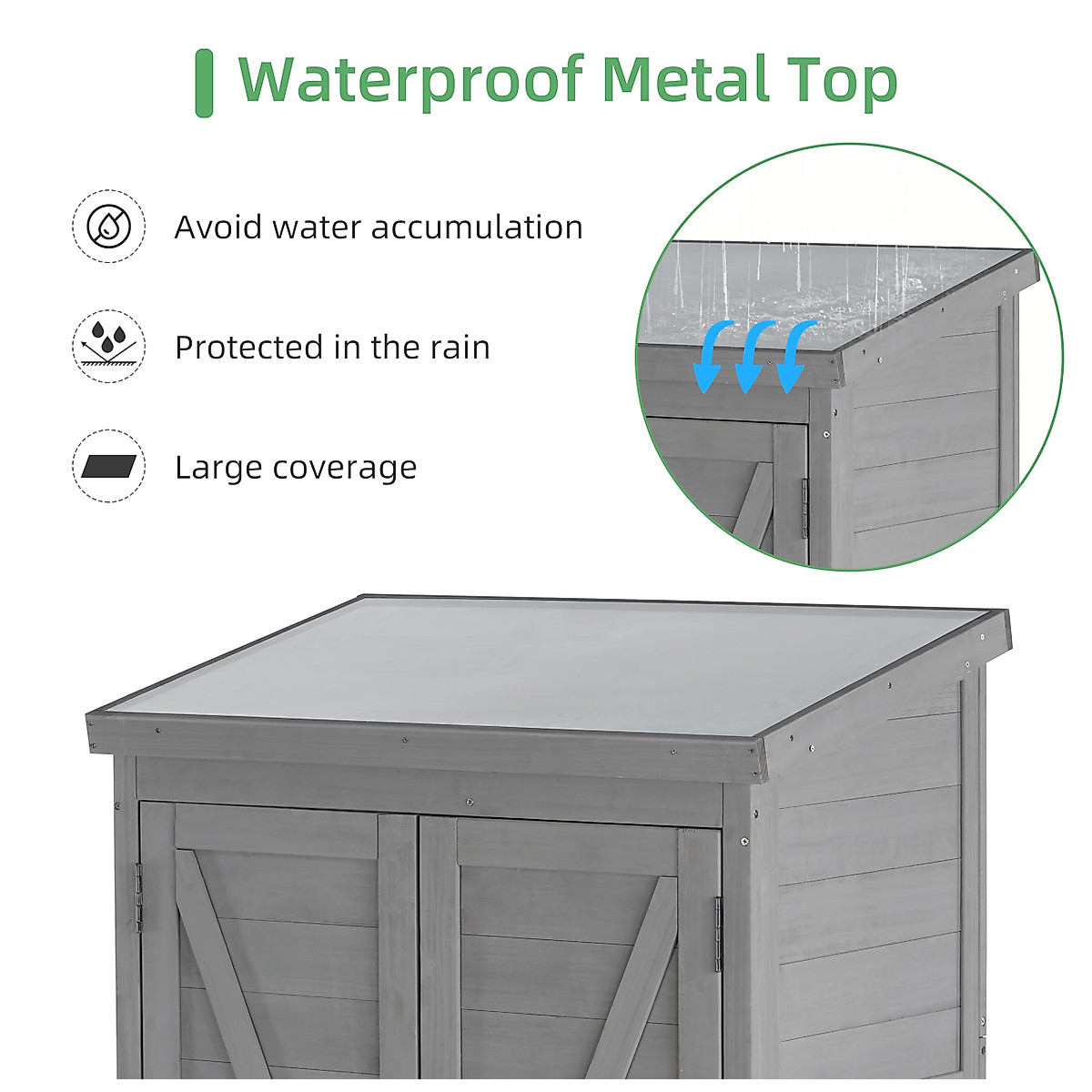 Outdoor Wooden Storage Shed with Metal Top, Tall Vertical Tool Cabinet for Backyard Garden Patio Lawn