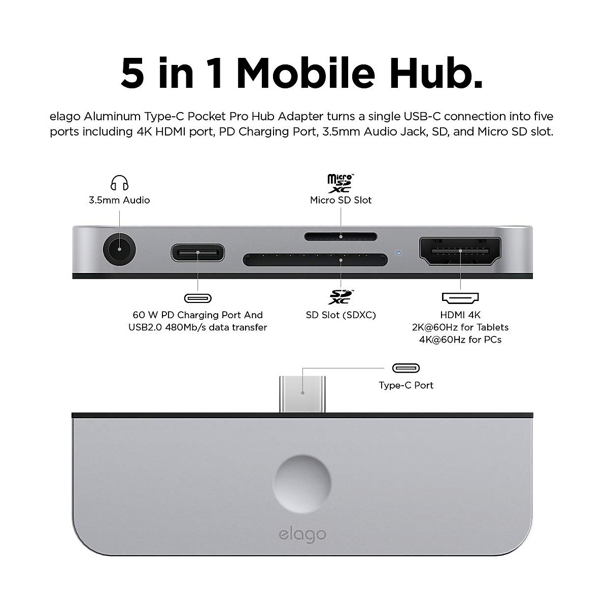 elago Aluminum Type-C Pocket Pro Hub Adapter for iPad/iPad Pro/Other USB-C Devices [4K HDMI, USB-C PD Charging, 3.5mm Audio Jack, SD and Micro SD Slot] (Silver)