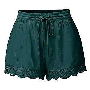 2pcs Beach Hots for Women, Womens Comfy Drawstring Mid Waisted Shorts Linen Blend Lightweight Summer Shorts with Lace Green