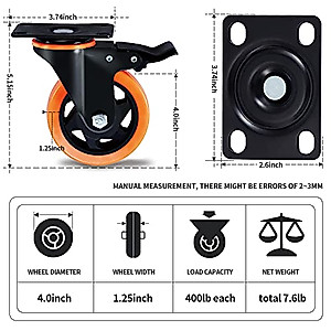 SOCHER 4 Inch Plate Caster Wheels, Heavy Duty 4” Casters Set of 4 with Brake,No Noise Polyurethane Wheels and Safety Dual Locking casters, Swivel Plate Castors (Two Hardware Kits) (4 inch)