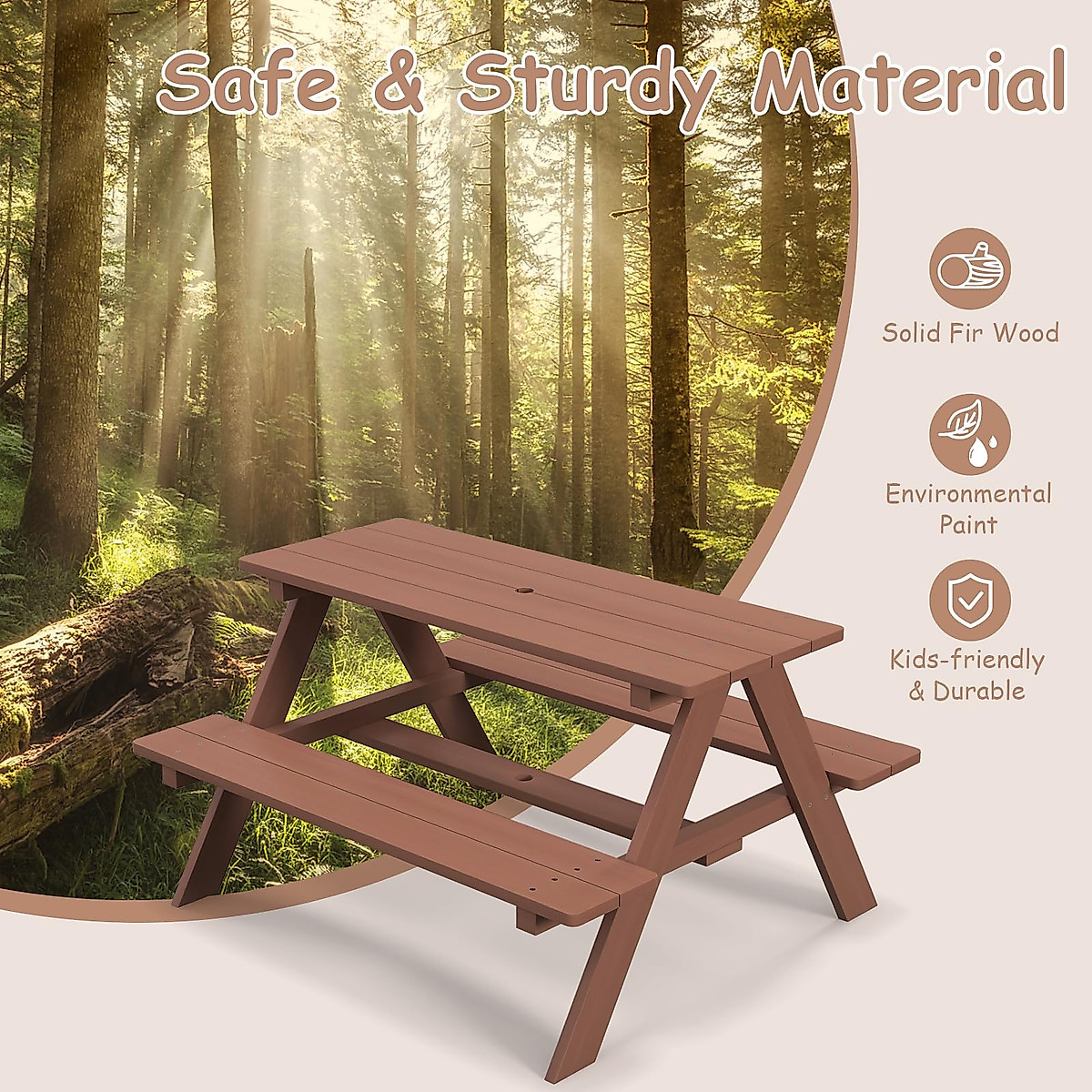 Olakids Kids Picnic Table, Outdoor Toddler Wooden Table and Chair Set with Removable Umbrella, Children Activity Furniture Bench Set for Patio Garden Backyard