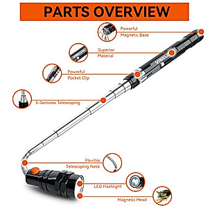 VIBELITE Magnetic Pickup Tool with LED, Telescoping Magnet Flashlight, Stocking Stuffers for Men Christmas Gifts for Men, Him, Husband, Father, Grandpa (Black)