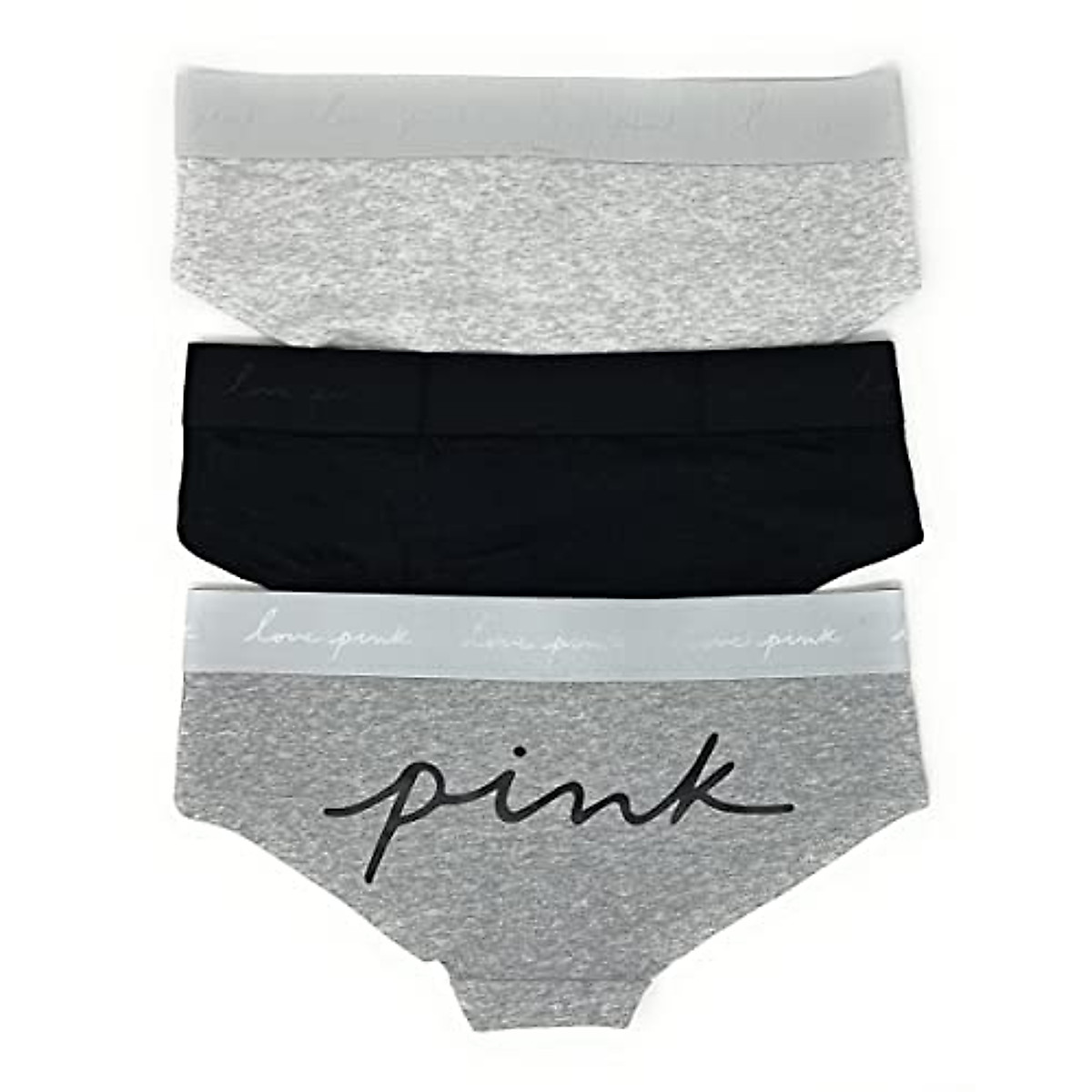 Victoria's Secret PINK Hipster Panty Set of 3 Small Light Gray / Black / Heather Charcoal Logo