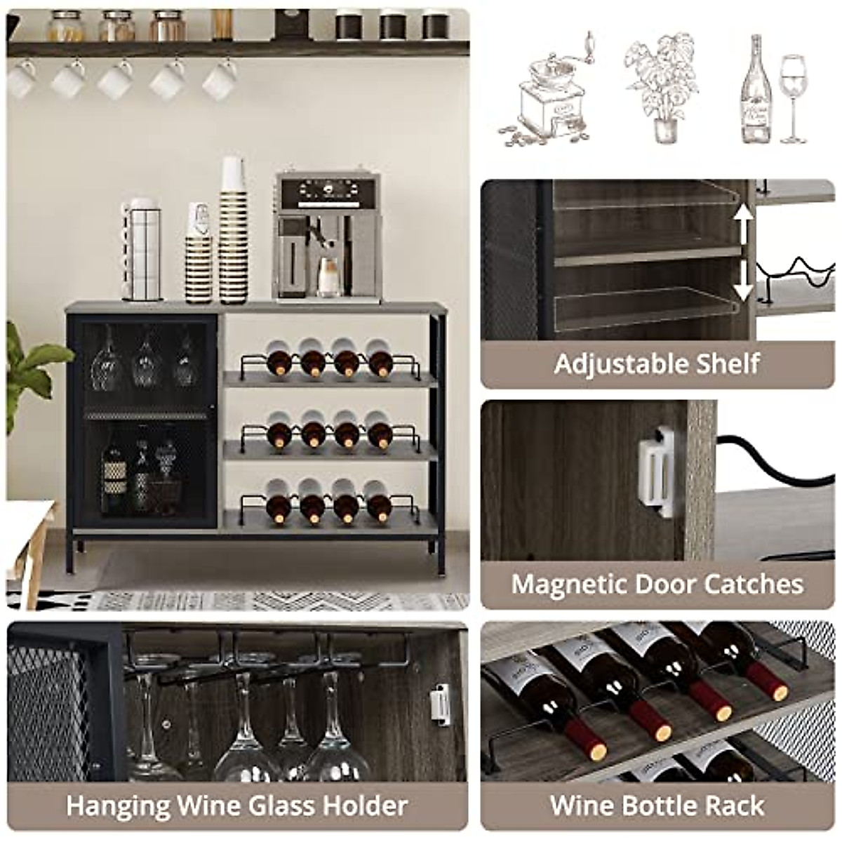 Bar Cabinet Liquor Cabinet Bar for Home, Wine Cabinet with Removable Wine Rack and Glass Holder, Coffee Bar Cabinet with Storage, Corner Cabinet Home Bar Furniture (Grey)
