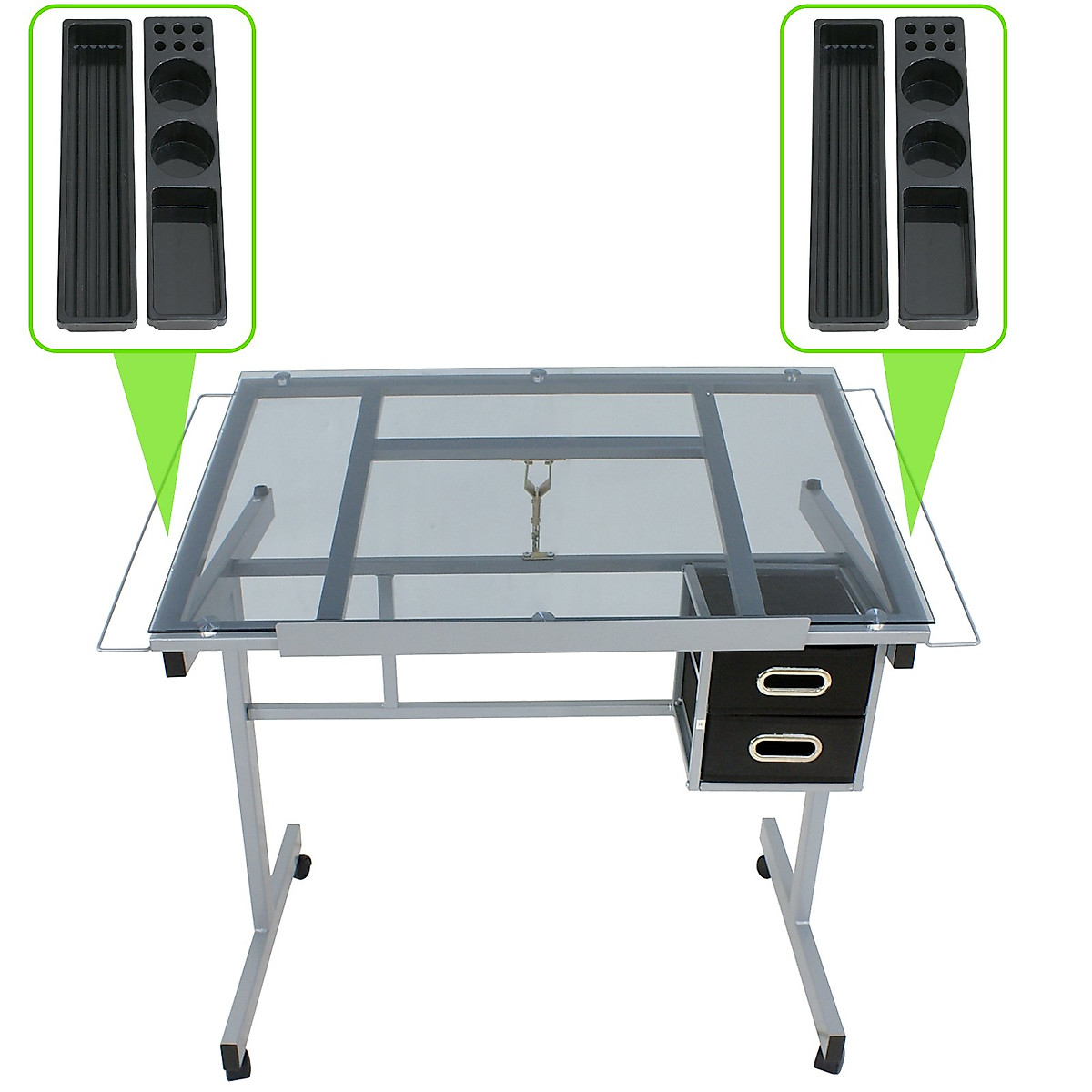 F2C Rolling Drawing Desk Craft Station Art Craft Hobby Drafting Table Desk Glass Top with Drawers