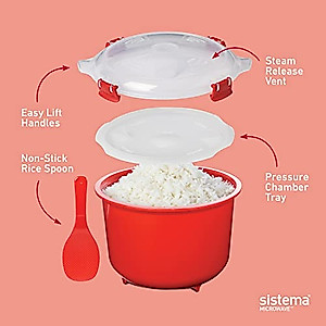 Sistema Microwave Rice Cooker and Steamer Bowl for Vegetables with Steam Release Vent, Dishwasher Safe, Red