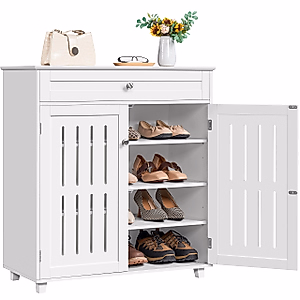 Topeakmart Wood Shoe Cabinet, Shoe Rack with 1 Big Drawer & 4 Storage Shelves, Shoe Storage Cabinet with 2 Louvered Door, for Entryway Living Room, White
