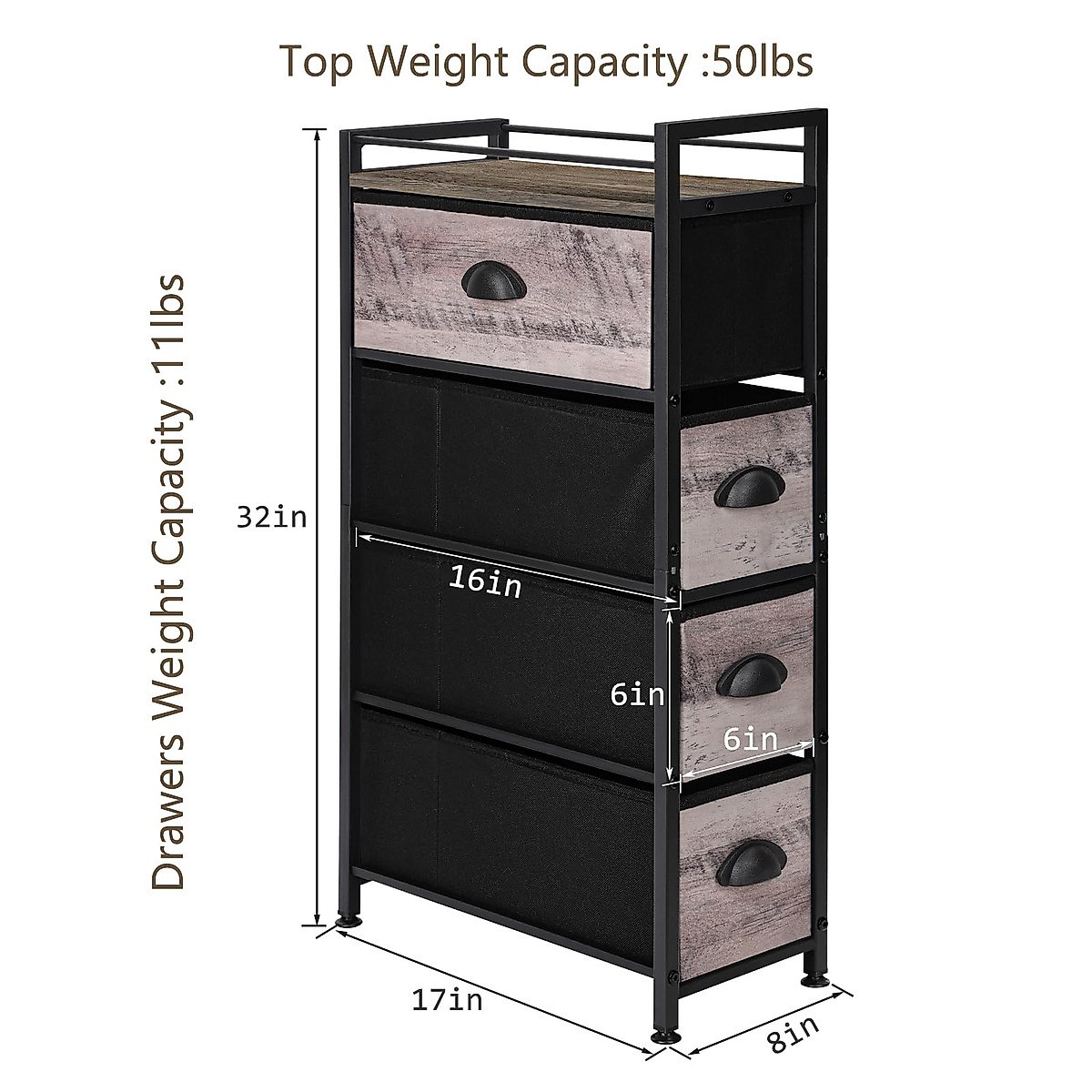 MOOACE Narrow Dresser Storage Tower with 4 Drawers, Slim Dresser Chest of Drawers, Vertical Small Fabric Dresser Standing, Wood Top Organizer for Bedroom, Bathroom & Laundry, Black/Greige