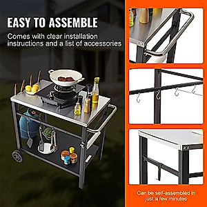 VEVOR Outdoor Grill Dining Cart with Double-Shelf, BBQ Movable Food Prep Table, Multifunctional Stainless Steel Table Top, Portable Modular Carts for Pizza Oven, Worktable with 2 Wheels, Carry Handle