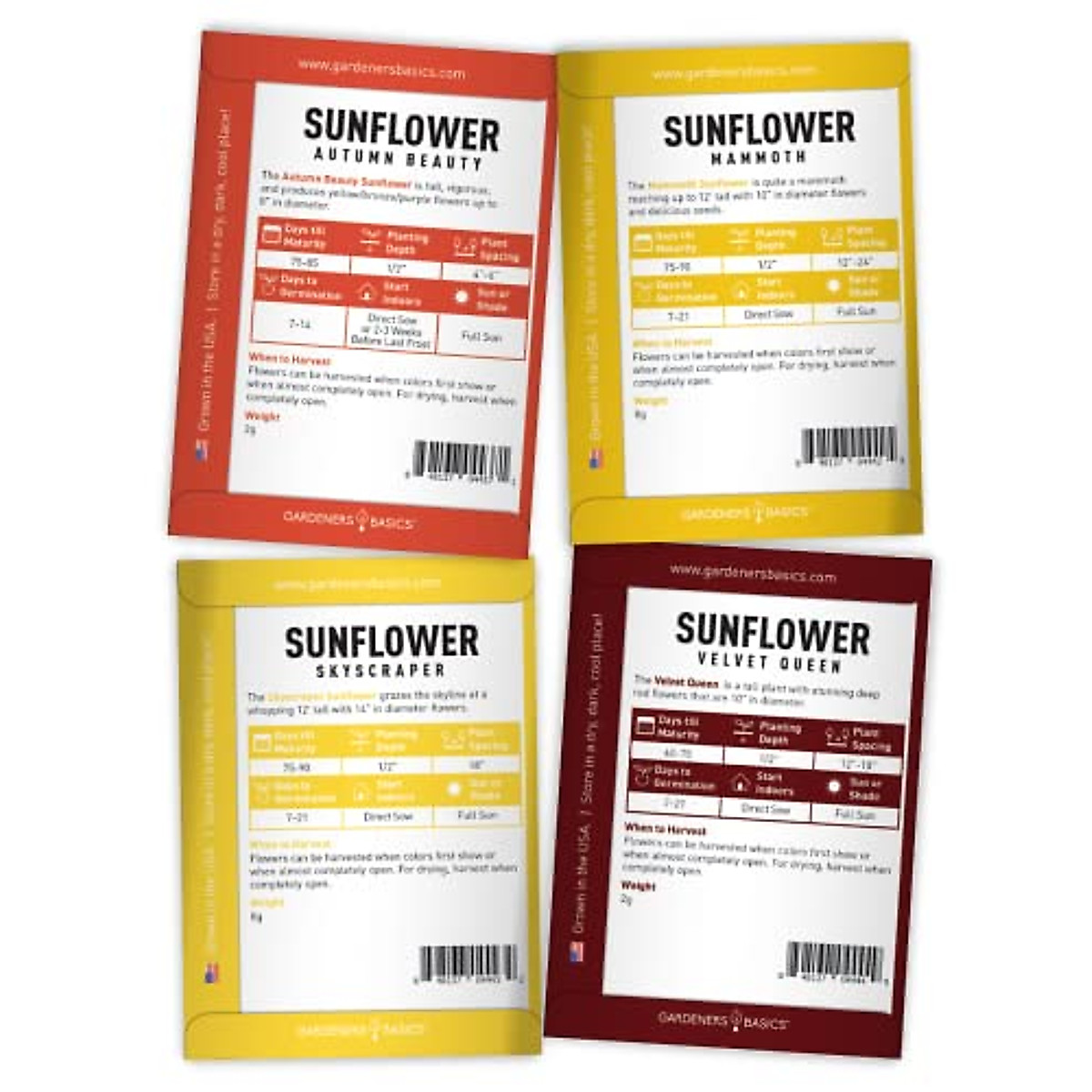 Sunflower Seeds for Planting Flowers (8 Pack) - Velvet Queen, Skyscraper, Lemon Queen, Giant , Autumn Beauty, Chocolate Cherry, Dwarf Sunspot and Mammoth Bulk Outdoor Flower Garden by Gardners Basics