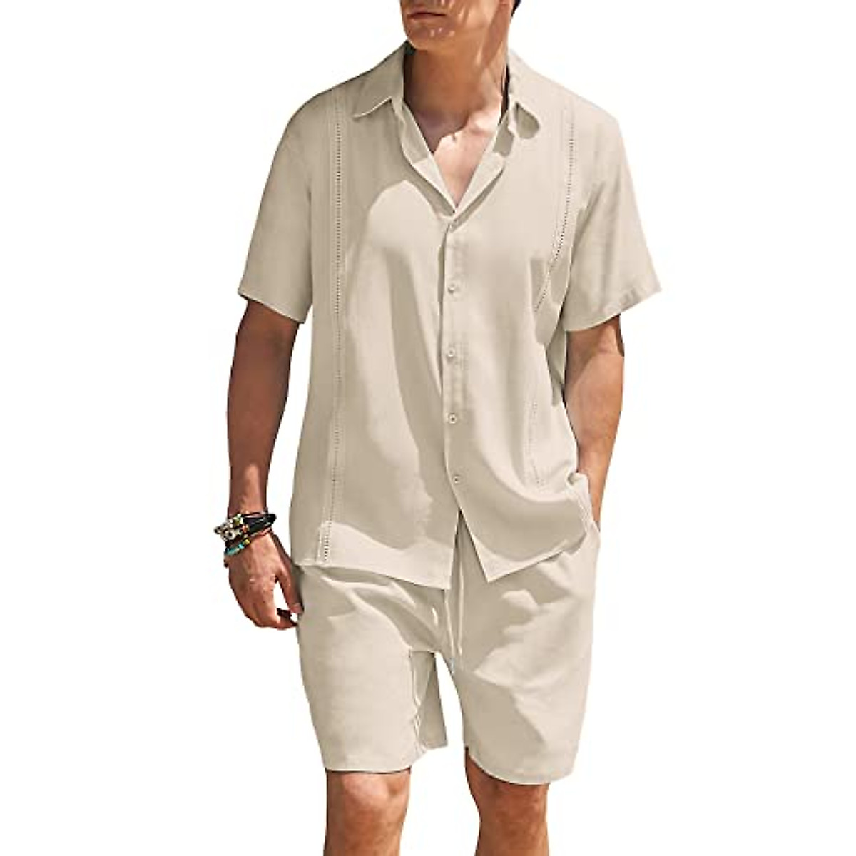 COOFANDY Men Linen Beach Outfit Summer Cuban Button Down Shirt and Short Set