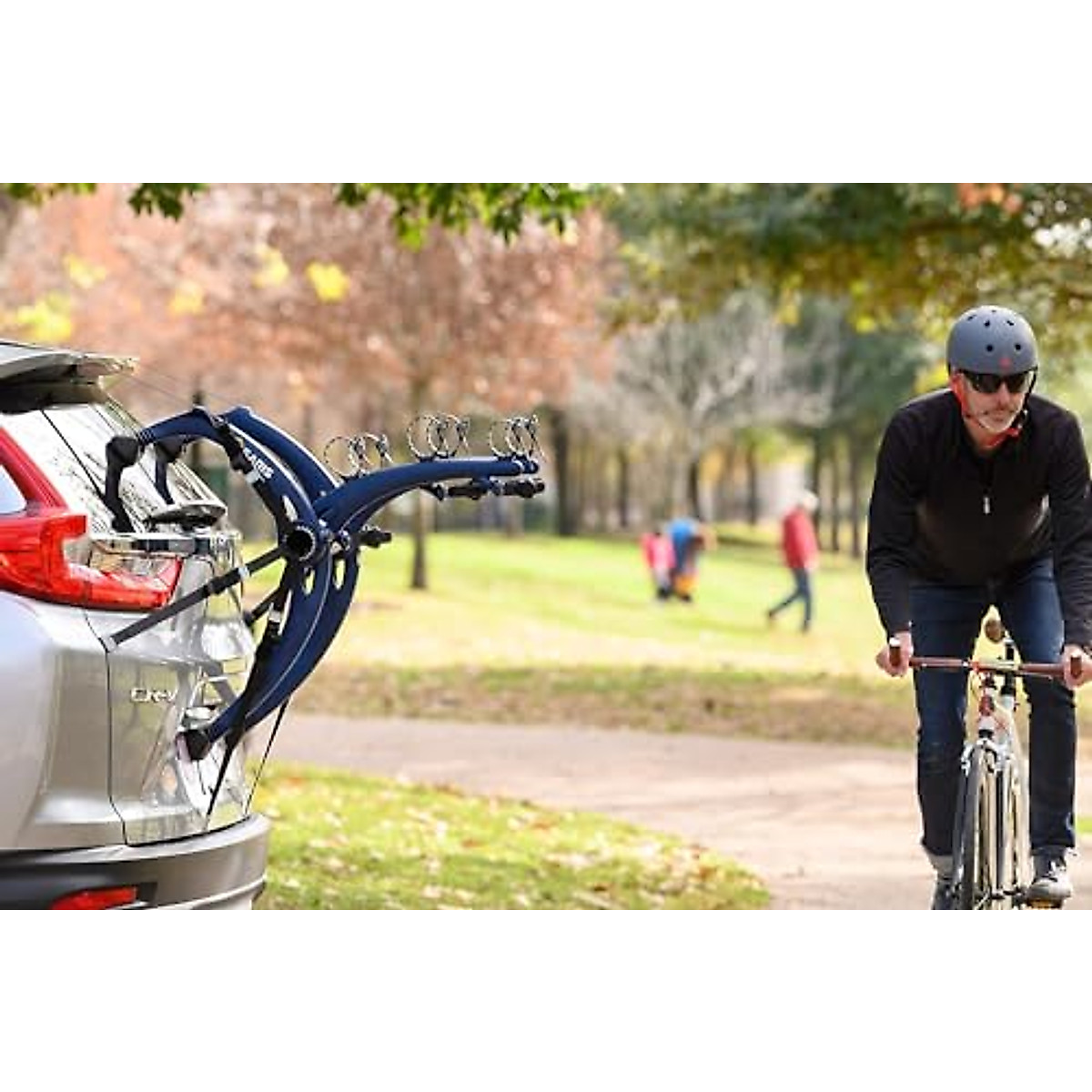Saris Bones EX Car Trunk Bicycle Rack Carrier, Mounts 3 Bike, Blue - Durable, Rust-Free, Anti-Sway Straps, Fits Most Vehicles, Made in USA, Arc-Based Design, 100% Recyclable Materials