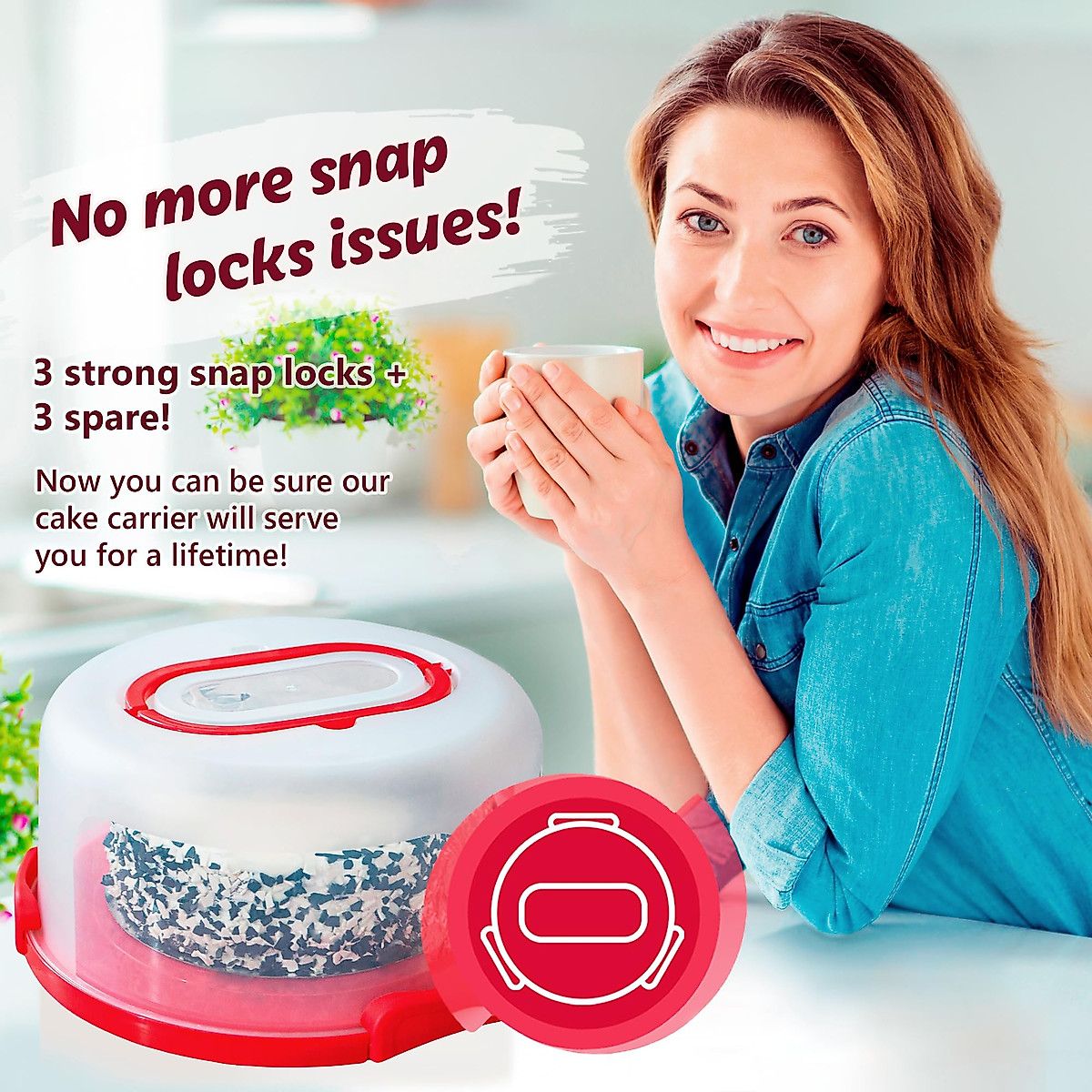 Flixeno Large Sturdy Red Round Cake Carrier Holder Up to 10 inch Multi Purpose Cover Five Section Serving Tray Keeper for Easily Hold & Transport Cakes Pies & Cupcakes with Collapsible Handles + 3 Extra Clips