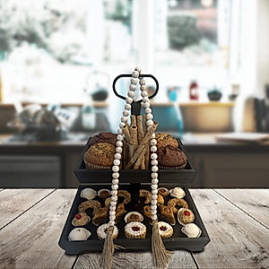 Pine Wood Tiered Tray - 2 Tier Tray - Farmhouse Tiered Tray - Two Tiered Tray - Island Decorations for Kitchen - 2 Tiered Tray Stand with 39" Beads and Home Sweet Home Sign (Black)