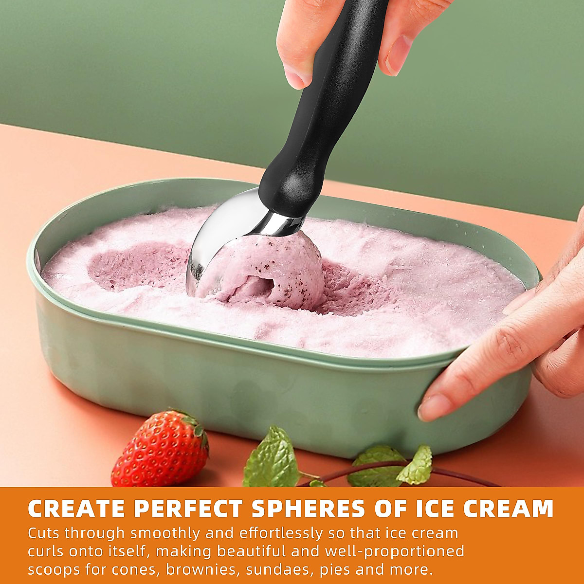 EWPJDK Ice Cream Scoop with Comfortable Grip Handle, Heavy Duty Stainless Steel, Perfect Shape Scoops, Ice Cream Scooper (Black)