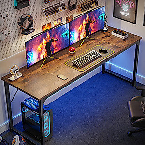 Huuger Computer Desk, 70 Inch Office Desk, Gaming Desk with Storage, Writing Desk Work Desk for Home Office, Study, Long Simple Desk, Large Legroom, Metal Frame, Rustic Brown