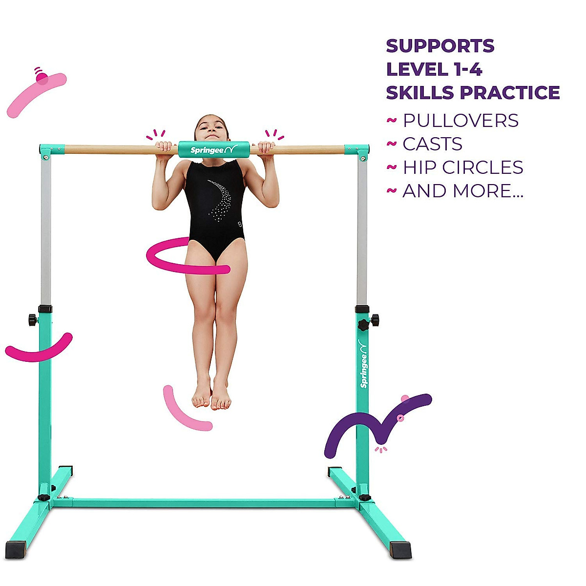 Springee Adjustable Height Team Gymnastics Bar - Gymnastics Equipment for Home - Kip Bar (Teal)