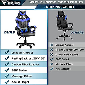 Soontrans Blue Gaming Chairs with Massage,Ergonomic Computer Gamer Chair,Game Chair with Adjustable Headrest and Lumbar Support (Storm Blue)