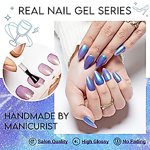 GLAMERMAID Jelly Press on Nails Almond- Handmade Gel Nails Series | Blue Glitter Galaxy Fake Nails Medium Short Length Shimmer Acrylic False Nail Kits Stick Glue on Nails Sets Reusable Full Cover for Women Girls Gift, 24Pcs