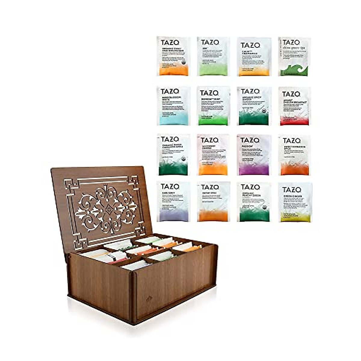 Tazo Tea Bags Sampler Assortment Box - 80 COUNT - Perfect Variety Pack in Wood (MDF) Gift Box - Gift for Family, Friends, Coworkers (Brown)