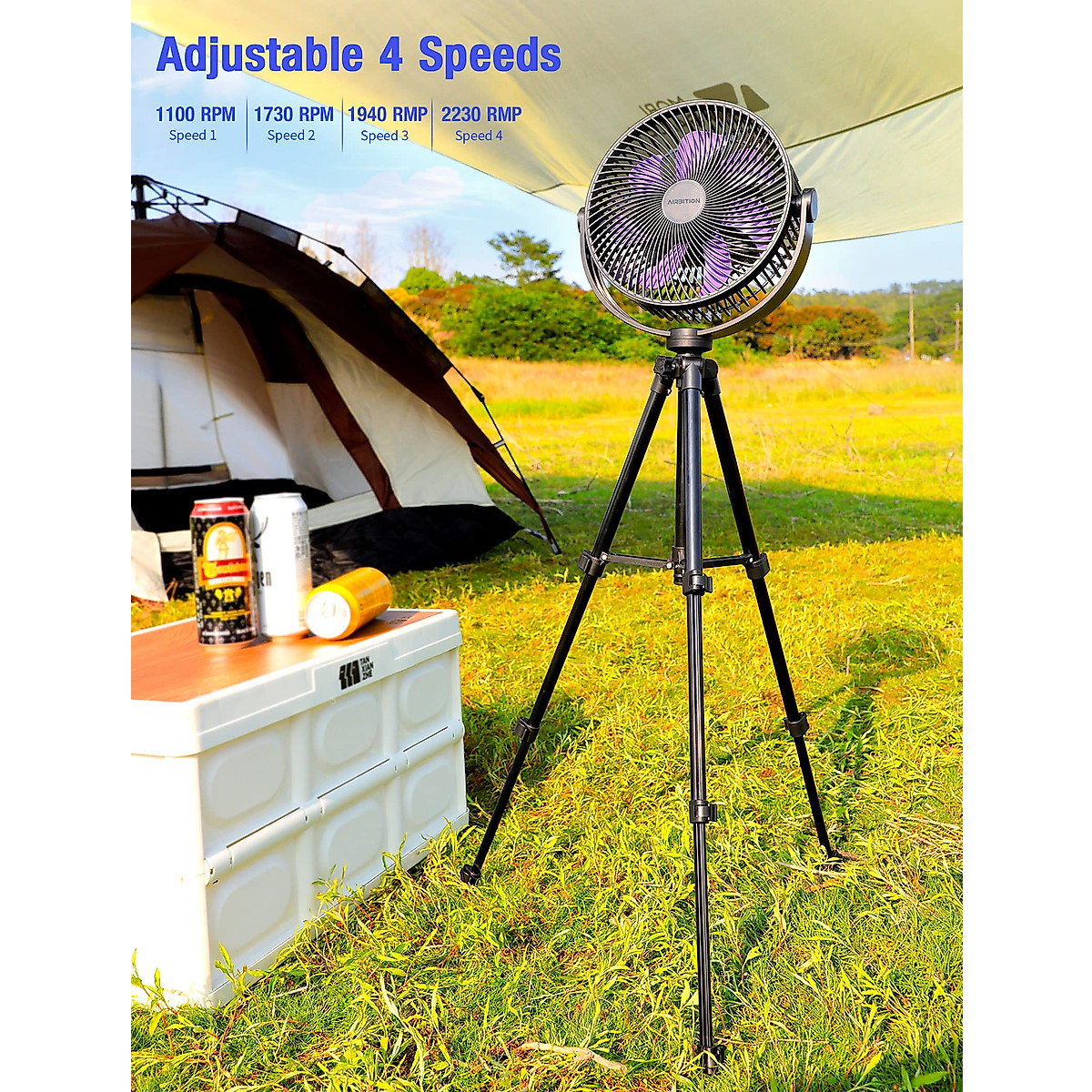 8" Portable Camping Fan, 10000mAh Rechargeable Tripod Fan with Tent Hook, 4 Speeds, 360° Rotation Battery Operated Fan for Outdoor Camping Tent Hurricane