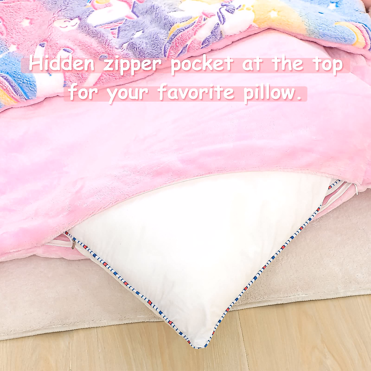 Sleeping Bag for Kids with Pillow Pocket, Toddler Nap Mat 63" x 30" Toddler Slumber Bag Glow in The Dark Blanket Fluffy with Padded Mat for Boys, Girls, Daycare, Preschool, Sleepover, Rainbow Unicorn