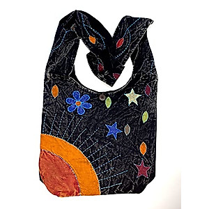 Elements of Nature Bohemian Hand-Stitched Hippie Hippy Shoulder Crossbody Monk Handbag in Black Large
