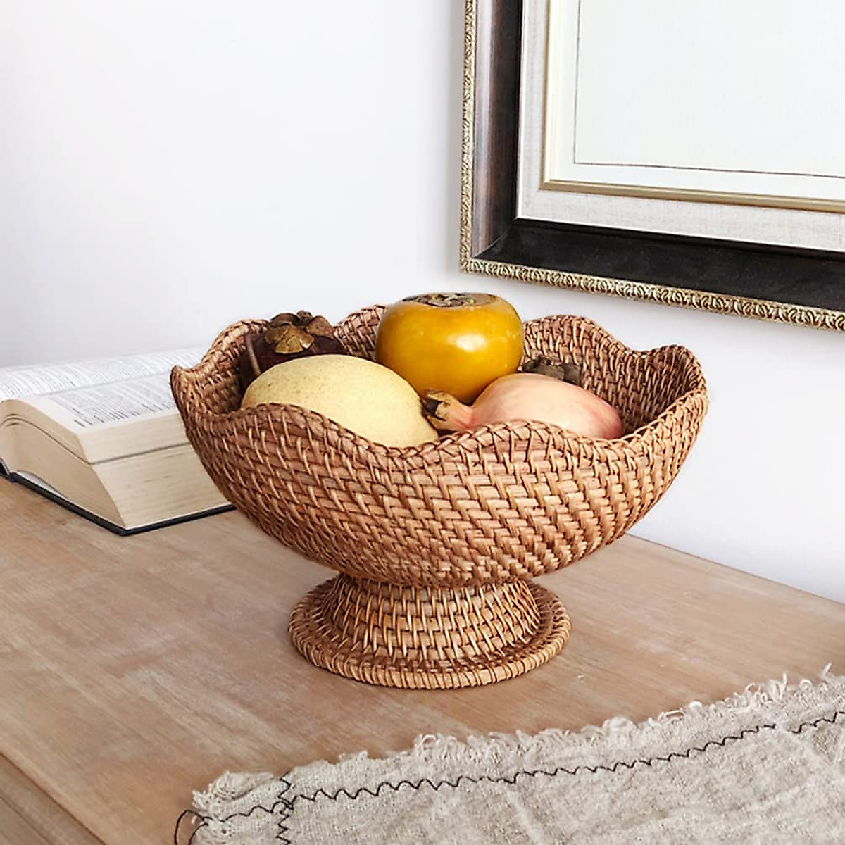 Zerodeko Rattan Fruit Bowl Bread Basket Woven Footed Bowl Round Pedestal Plate Dessert Display Platter Snack Serving Dish Tabletop Organizing Basket for Kitchen Counter