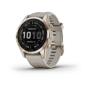Garmin Fenix 7S Sapphire Solar Edition Smart Watch Cream Gold Titanium with Light Sand Band + Watch Charging Stand + USB Car/Wall Adapter + 6TH AVE Cleaning Kit + Sweat Workout Towel (010-02539-20)